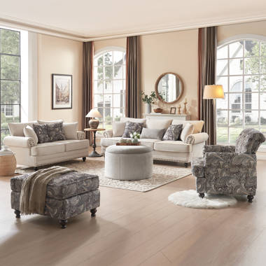 5 Piece Living Room Set Upholstered Sofa Couch Loveseat and Floral Accent Chair with Footstool and Large Storage Ottoman Alcott Hill